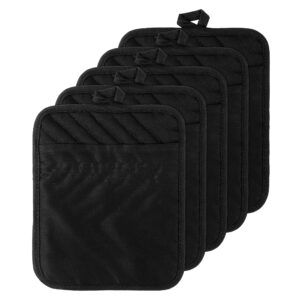 grobro7 5pack cotton pocket pot holder set kitchen heat resistant potholder machine washable potholders bulk oven mitts black plain hot pads trivet for baking cooking with pocket 7x9