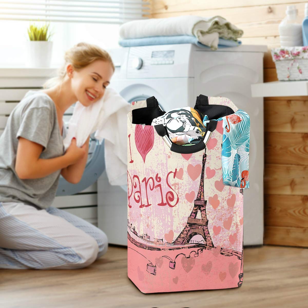 Collapsible Laundry Basket Handle Love Paris Portable Foldable Laundry Hamper Organizer Cloth Hamper for Family