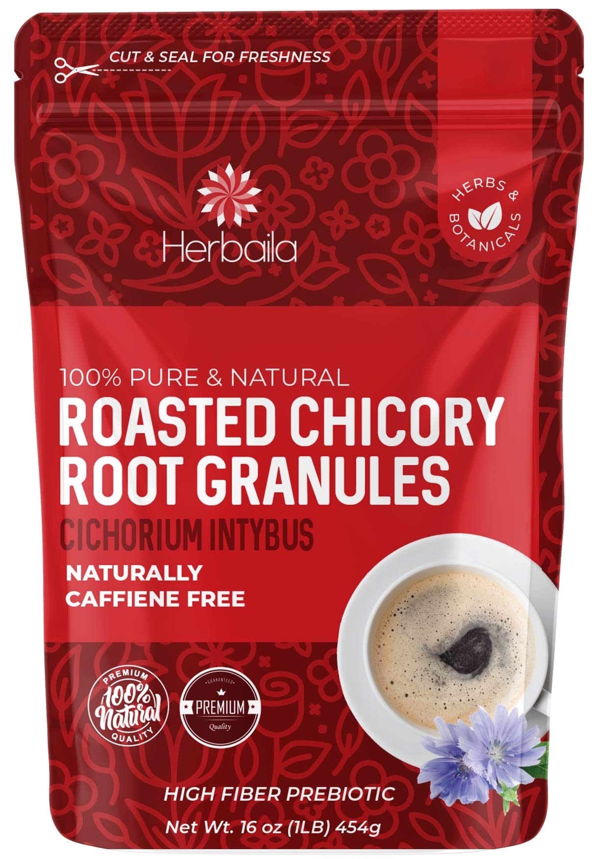 Chicory Root Roasted Granules, 1 Pound, Chicory Coffee (Inulin, Prebiotic Dietary Fiber) Rich Flavor, Caffeine Free, Natural Tea and Coffee Substitute, Keto, Kosher