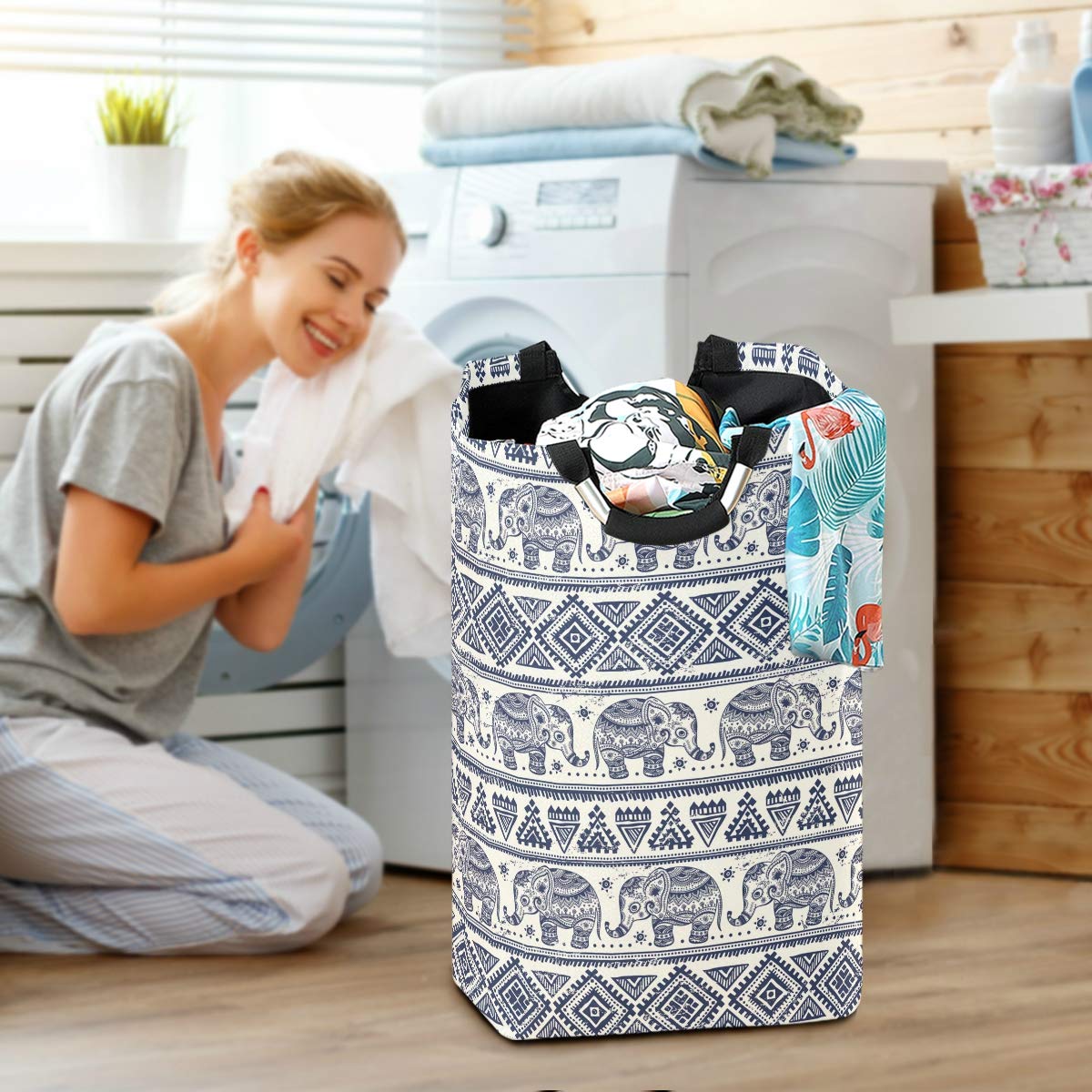 22.7"(H) Collapsible Laundry Hamper Ethnic Elephant Indian Lotus Laundry Basket Organizer Large with Handle Foldable Clothes Hamper