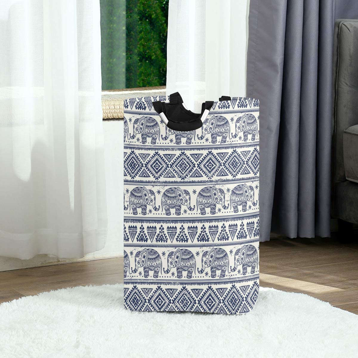 22.7"(H) Collapsible Laundry Hamper Ethnic Elephant Indian Lotus Laundry Basket Organizer Large with Handle Foldable Clothes Hamper