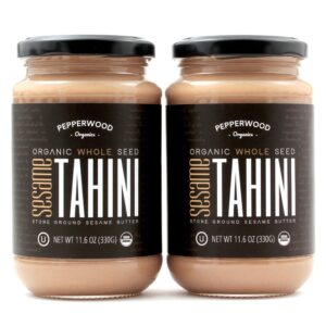 organic whole sesame tahini paste - unhulled & stone-ground - silky smooth texture in hummus, dips, dressings - unsalted, nut-free, kosher, paleo, keto 11.6 oz glass jar (2-pack) pepperwood organics