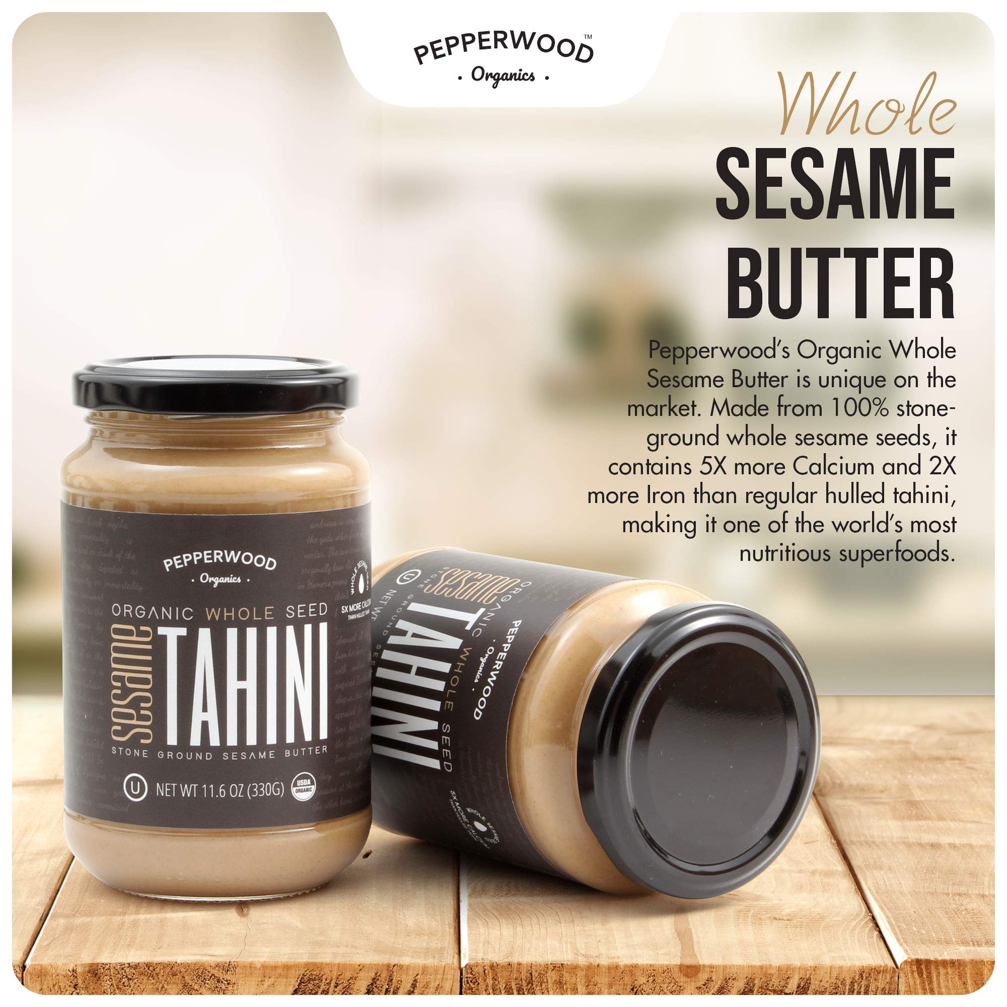 Organic Whole Sesame Tahini Paste - Unhulled & Stone-Ground - Silky Smooth Texture in Hummus, Dips, Dressings - Unsalted, Nut-Free, Kosher, Paleo, Keto 11.6 oz Glass Jar (2-Pack) Pepperwood Organics