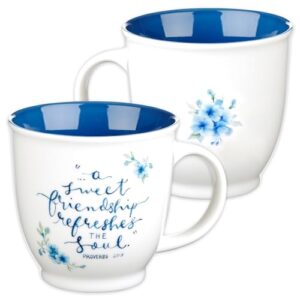 christian art gifts ceramic coffee/tea mug 14 oz blue floral friendship mug | a sweet friendship refreshes the soul proverbs 27:9 encouraging friendship mug for women microwave/dishwasher safe