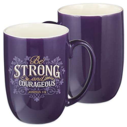 Christian Art Gifts Ceramic Scripture Coffee and Tea Mug 15 oz Purple Mug - Strong and Courageous - Joshua 1:9 Inspirational Bible Verse Cup Microwave and Dishwasher Safe Novelty Drinkware