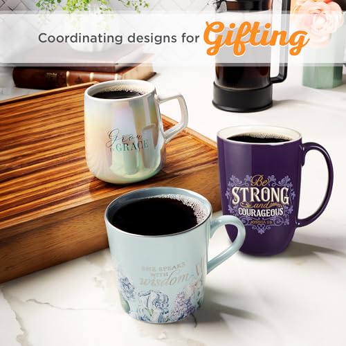 Christian Art Gifts Ceramic Scripture Coffee and Tea Mug 15 oz Purple Mug - Strong and Courageous - Joshua 1:9 Inspirational Bible Verse Cup Microwave and Dishwasher Safe Novelty Drinkware