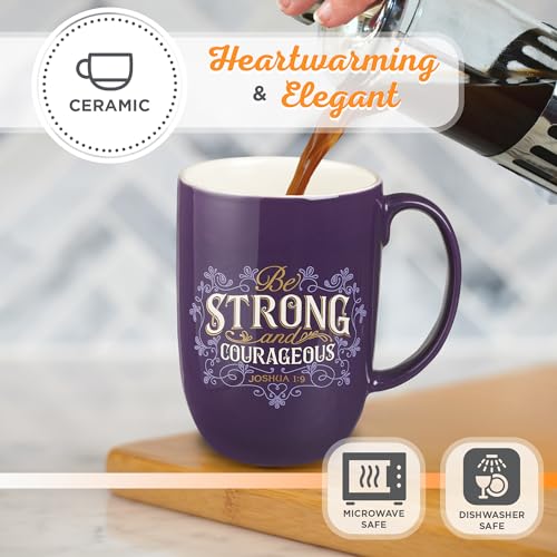 Christian Art Gifts Ceramic Scripture Coffee and Tea Mug 15 oz Purple Mug - Strong and Courageous - Joshua 1:9 Inspirational Bible Verse Cup Microwave and Dishwasher Safe Novelty Drinkware