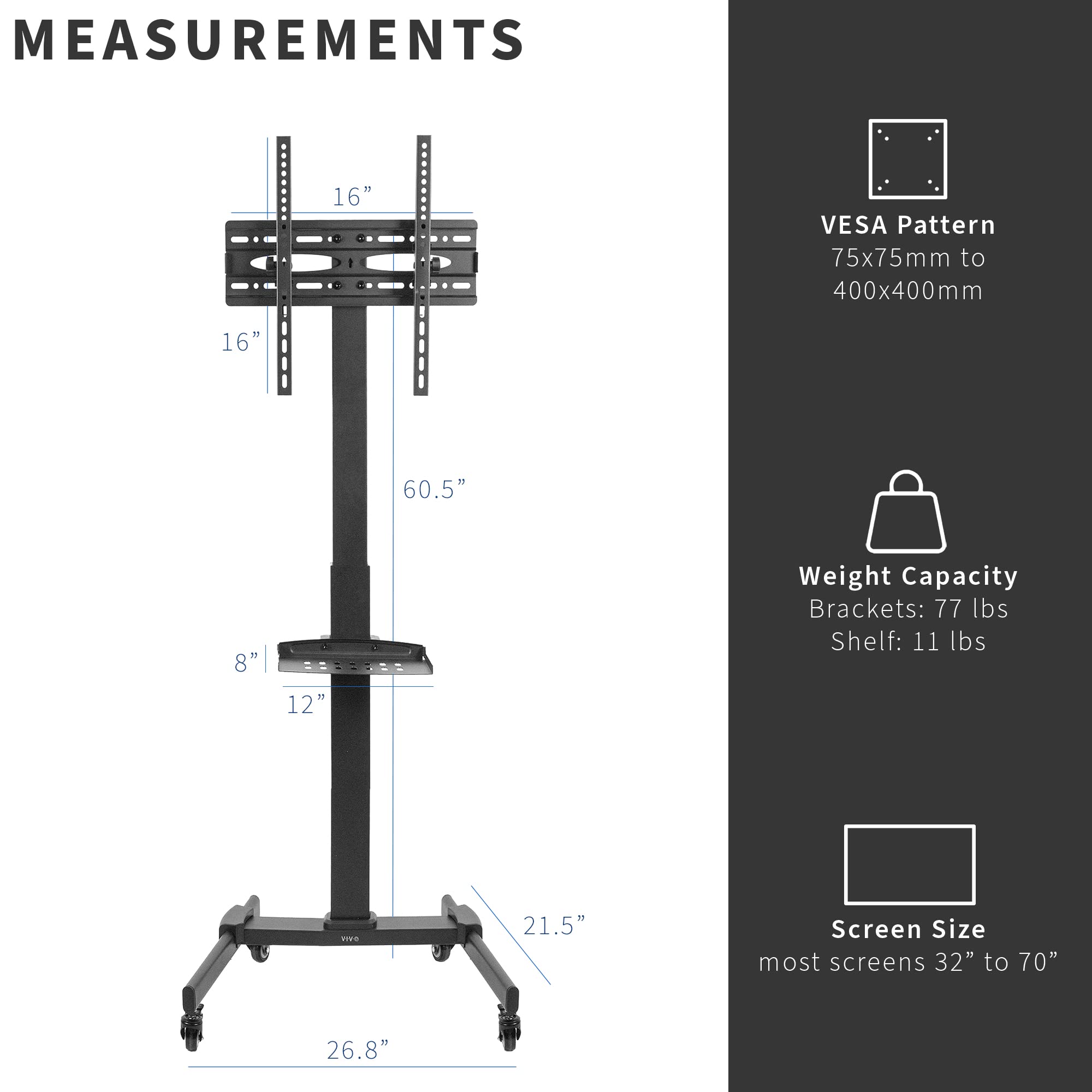 VIVO Mobile TV Cart for 32 to 70 inch Screens up to 77 lbs, LCD LED OLED 4K Smart Flat and Curved Panels, Rolling Stand, Laptop DVD Shelf, Locking Wheels, Max VESA 400x400, Black, STAND-TV05L