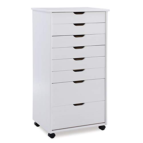 Linon Callie Multipurpose Eight Drawer Dresser Wood Rolling File Cabinet Storage Cart with Casters in White Wash