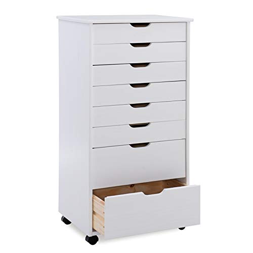 Linon Callie Multipurpose Eight Drawer Dresser Wood Rolling File Cabinet Storage Cart with Casters in White Wash