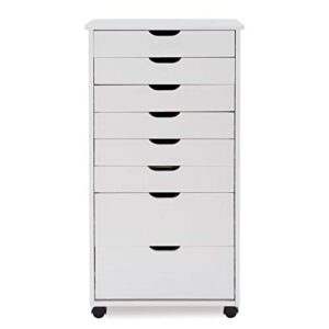 Linon Callie Multipurpose Eight Drawer Dresser Wood Rolling File Cabinet Storage Cart with Casters in White Wash