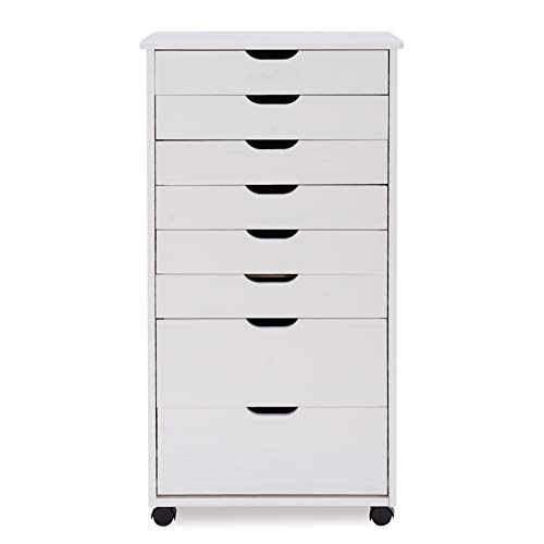 Linon Callie Multipurpose Eight Drawer Dresser Wood Rolling File Cabinet Storage Cart with Casters in White Wash