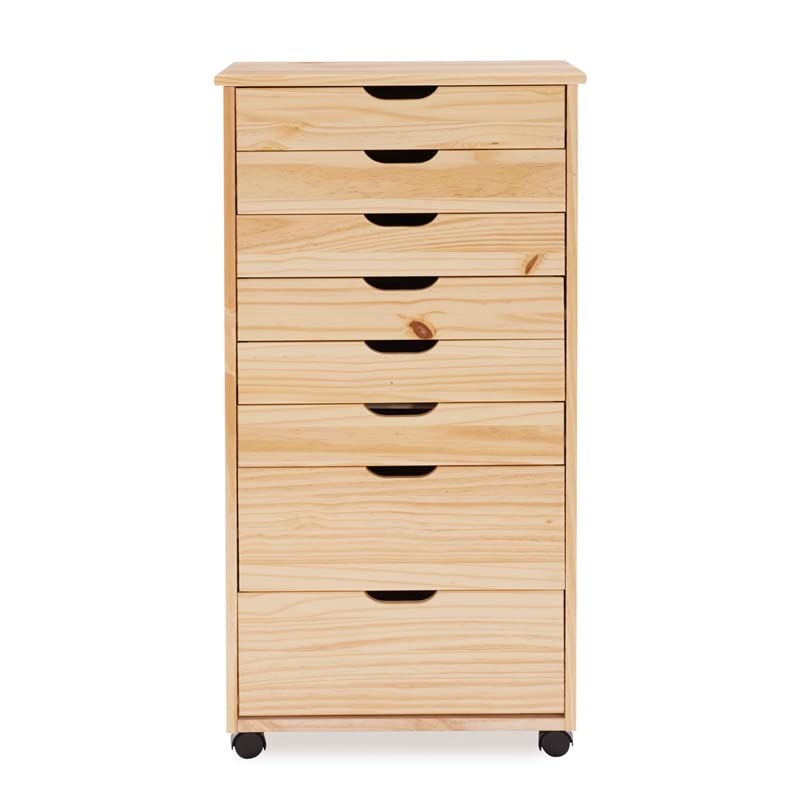 Linon Callie Multpurpose Eight Drawer Dresser Wood Rolling File Cabinet Storage Cart in Natural