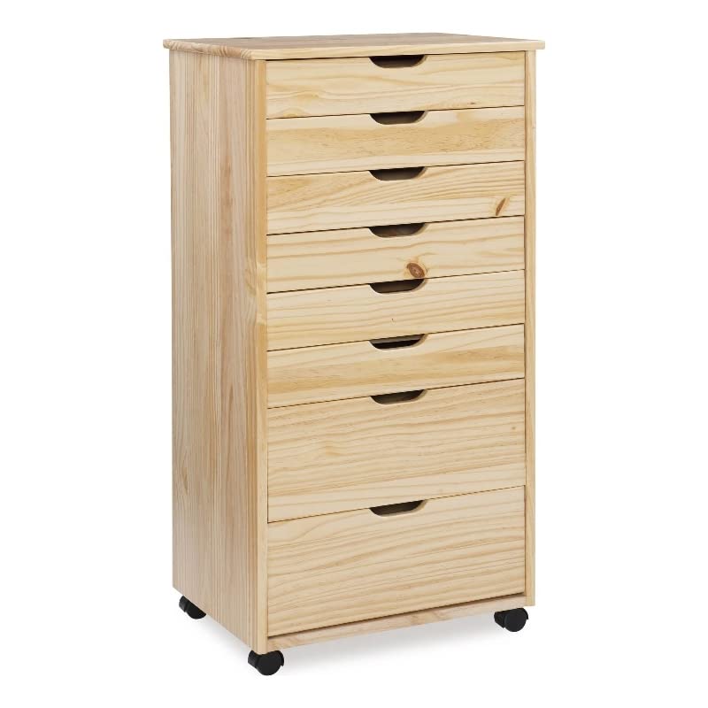 Linon Callie Multpurpose Eight Drawer Dresser Wood Rolling File Cabinet Storage Cart in Natural