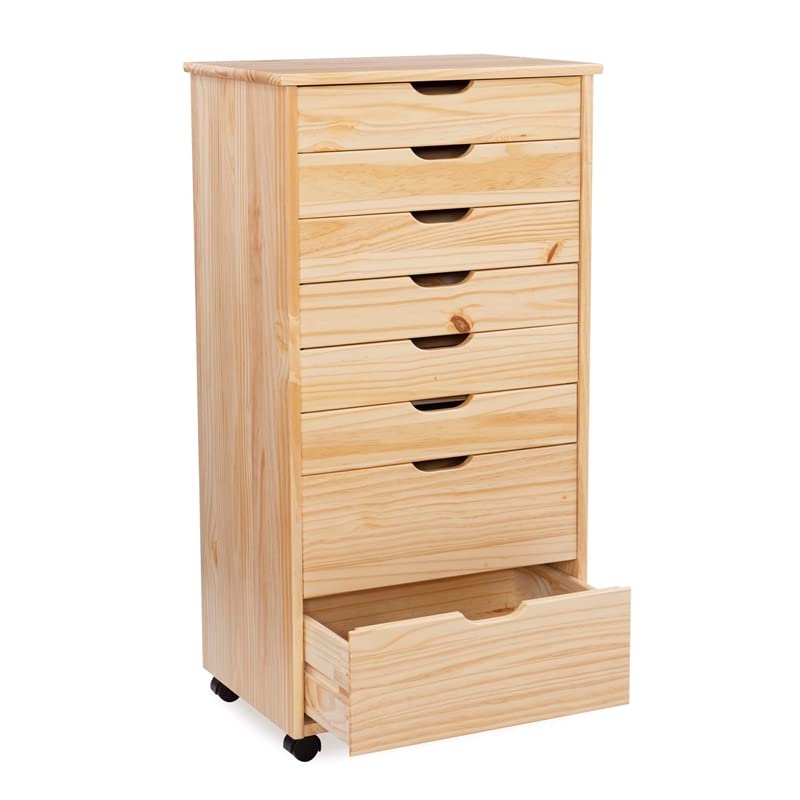 Linon Callie Multpurpose Eight Drawer Dresser Wood Rolling File Cabinet Storage Cart in Natural