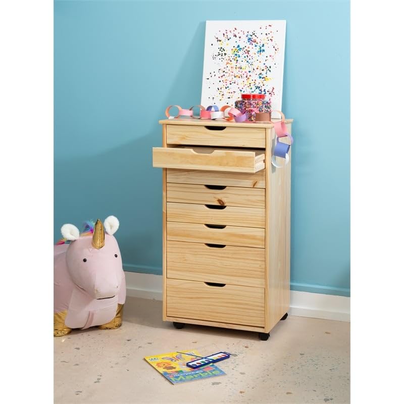 Linon Callie Multpurpose Eight Drawer Dresser Wood Rolling File Cabinet Storage Cart in Natural