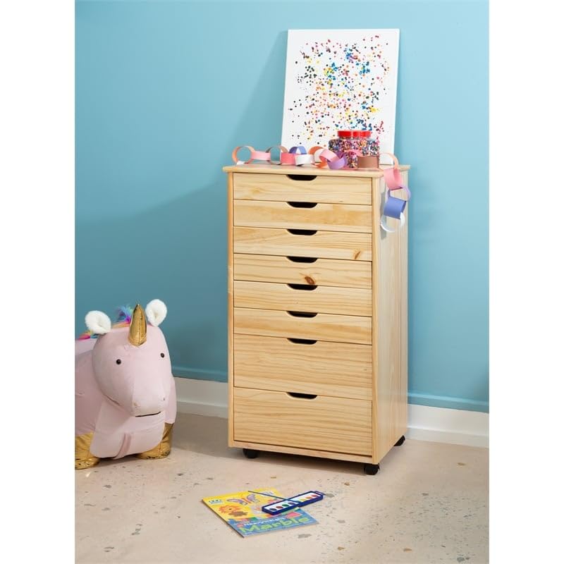 Linon Callie Multpurpose Eight Drawer Dresser Wood Rolling File Cabinet Storage Cart in Natural