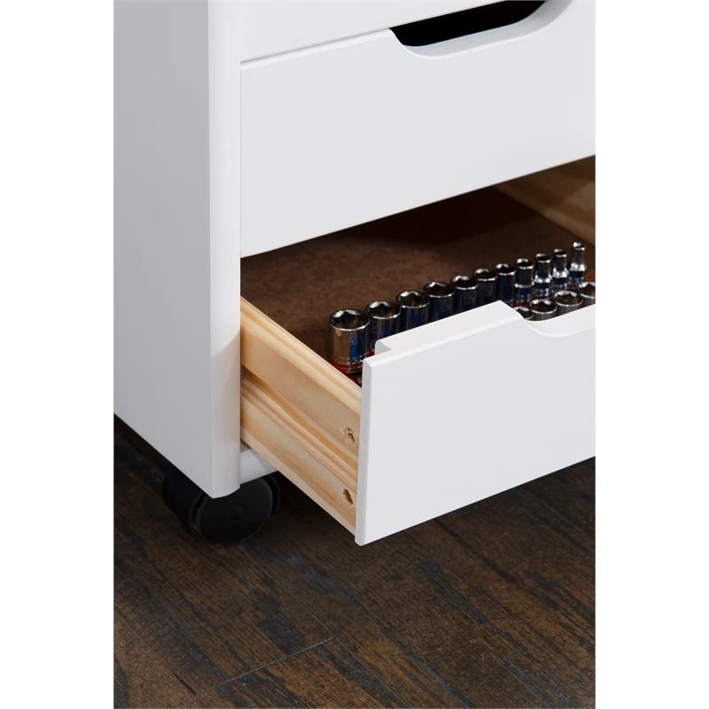 Linon Callie Multipurpose Six Drawer Wide Wood Rolling Storage Cart with Casters in White Wash