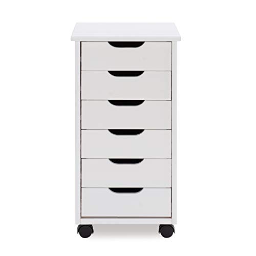 Linon Callie Multipurpose Six Drawer Wide Wood Rolling Storage Cart with Casters in White Wash