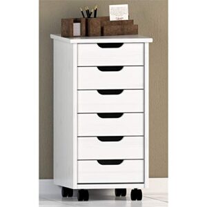 Linon Callie Multipurpose Six Drawer Wide Wood Rolling Storage Cart with Casters in White Wash