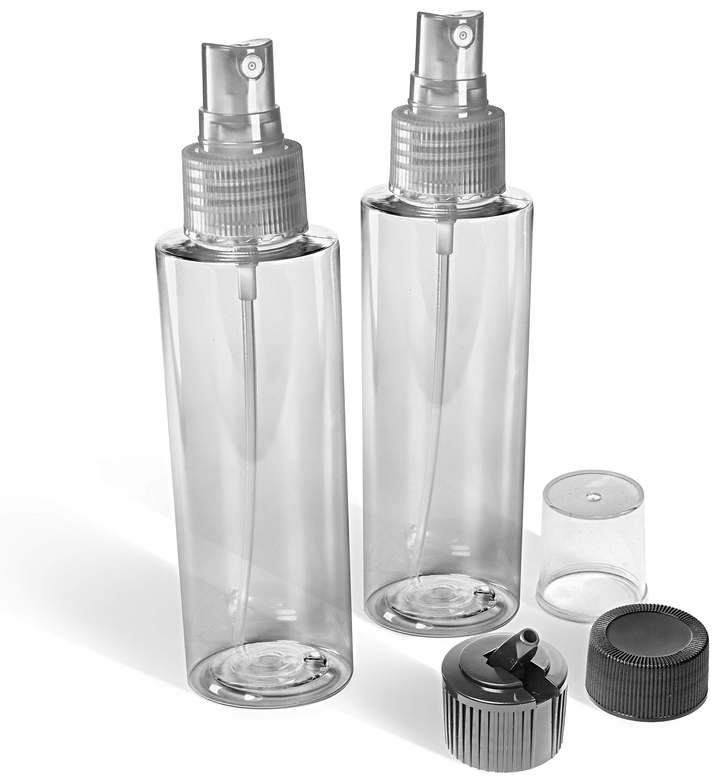 VViViD Empty Clear Plastic BPA-Free 4 Ounce Spray Bottles w/Twist Cap, Mist Spray Cap & Flip Spout Cap (2 pack)