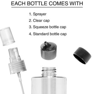 VViViD Empty Clear Plastic BPA-Free 4 Ounce Spray Bottles w/Twist Cap, Mist Spray Cap & Flip Spout Cap (2 pack)