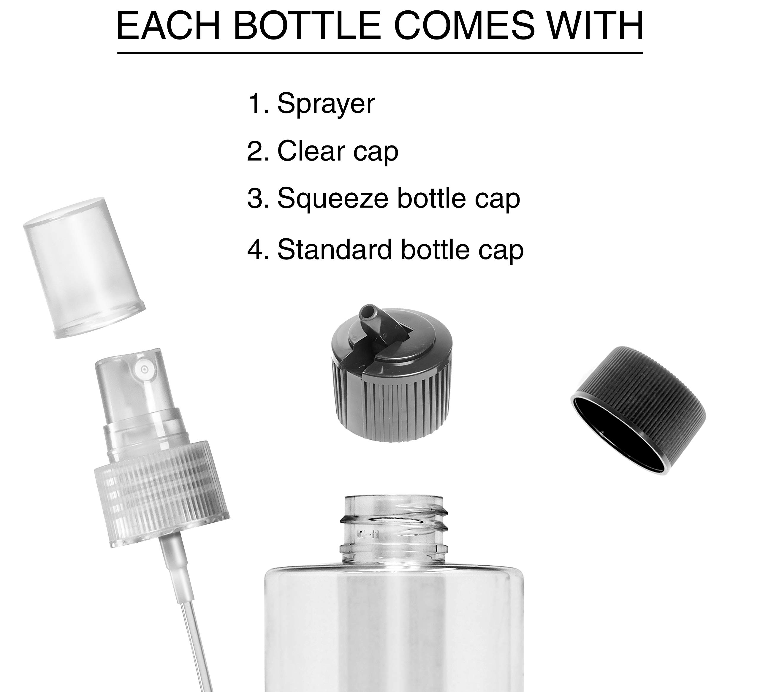 VViViD Empty Clear Plastic BPA-Free 4 Ounce Spray Bottles w/Twist Cap, Mist Spray Cap & Flip Spout Cap (2 pack)