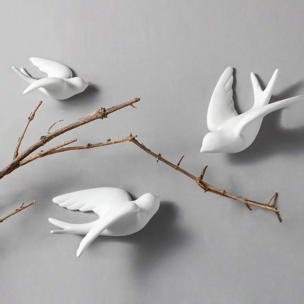 Dorlotou Set of 6 White Ceramic Birds Doves Sparrows Swallows Wall Mounted Decor Hanging for Bedroom Livingroom Garden Wall Sculptures