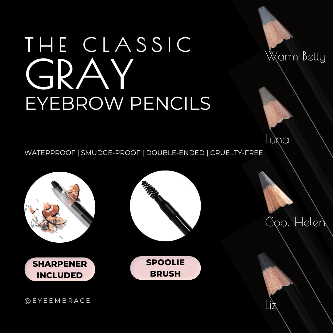 Eye Embrace Warm Betty Classic: Light Gray Wooden Eyebrow Pencil – Waterproof, Double-Ended Pencil with Sharpener & Spoolie Brush, Cruelty-Free