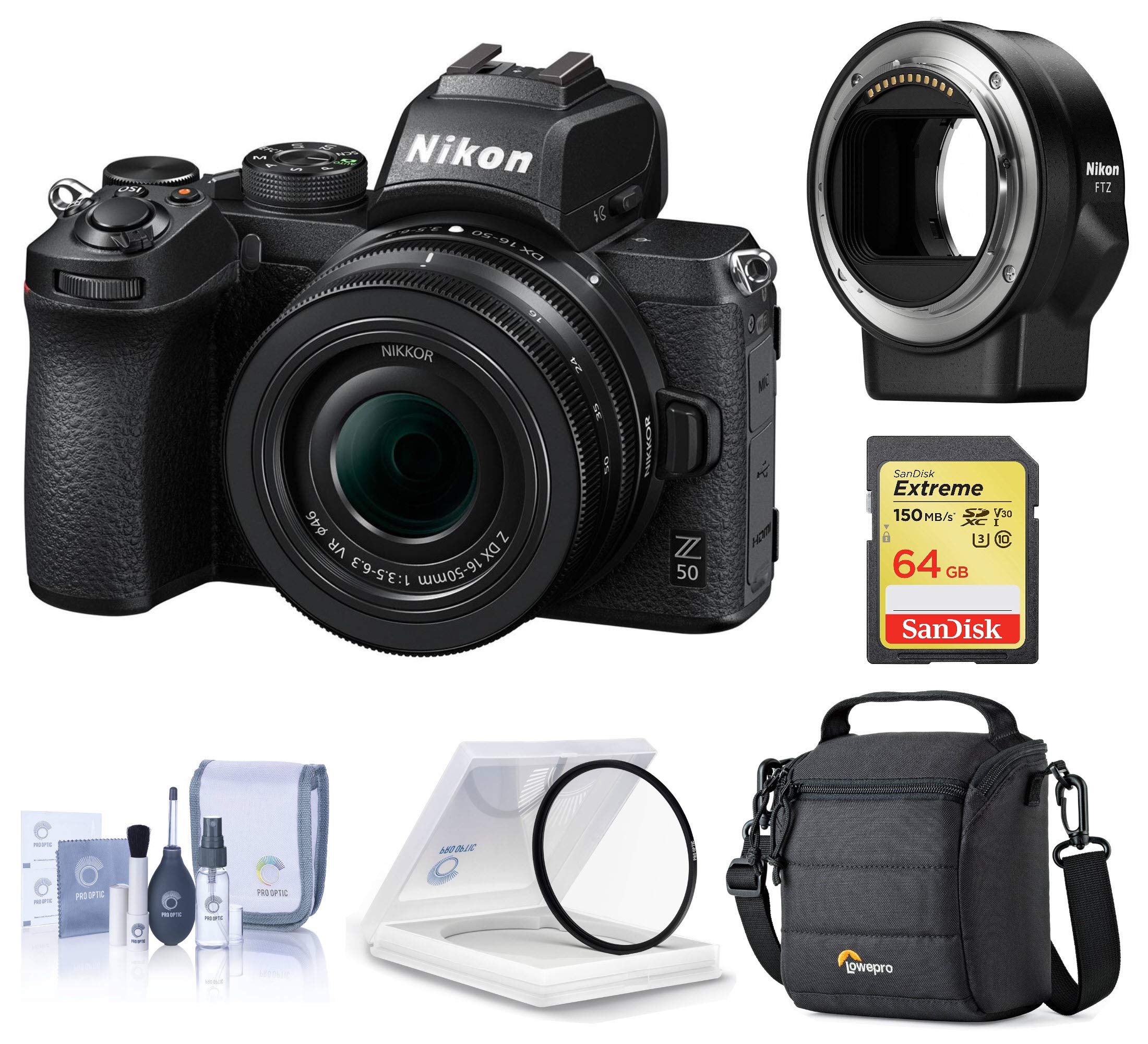 Nikon Z 50 DX-Format Mirrorless Camera with 16-50mm f/3.5-6.3 VR Lens, Bundle with FTZ II Mount Adapter and Accessories