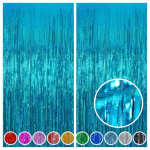 melsan 2 pack 3.2 ft x 8.2 ft teal tinsel foil fringe curtains backdrop, sparkle metallic foil curtains for birthday party decoration