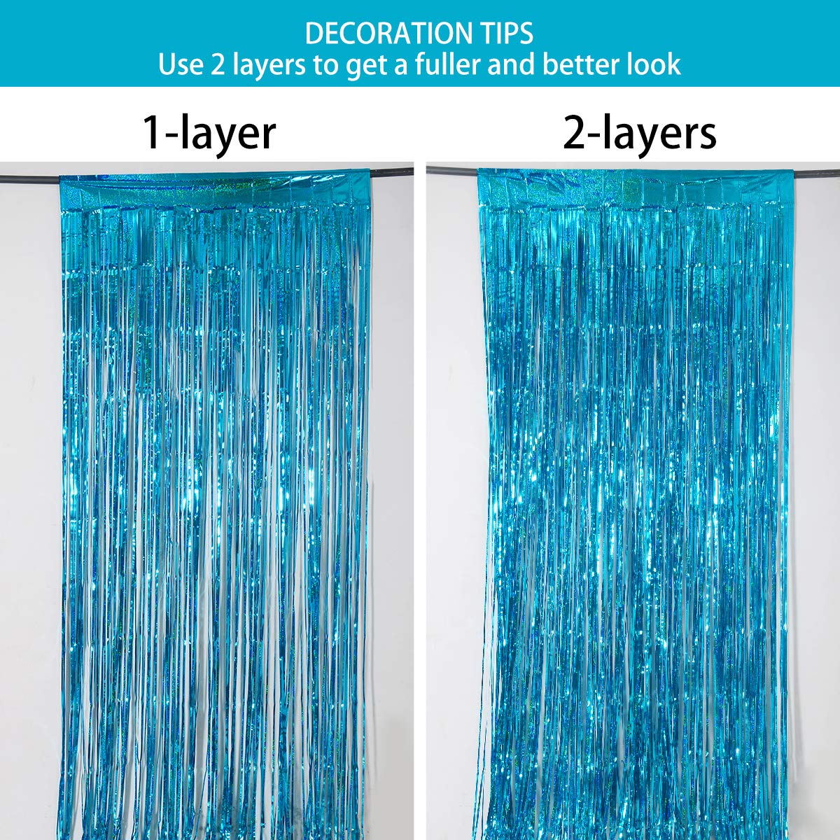 Melsan 2 Pack 3.2 ft x 8.2 ft Teal Tinsel Foil Fringe Curtains Backdrop, Sparkle Metallic Foil Curtains for Birthday Party Decoration