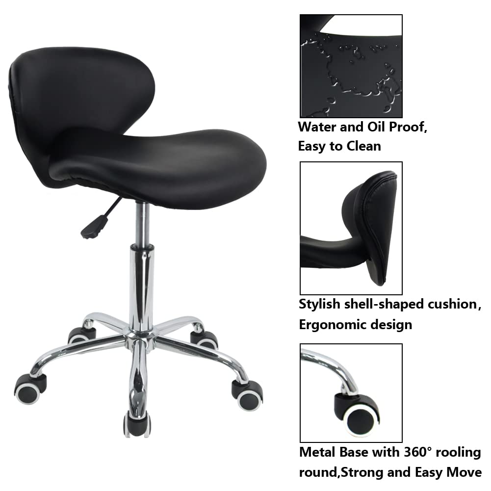 KKTONER PU Leather Low Back Rolling Stool Height Adjustable Modern Shell Shape Seat Home Office Drafting Chair with Wheels (Black)