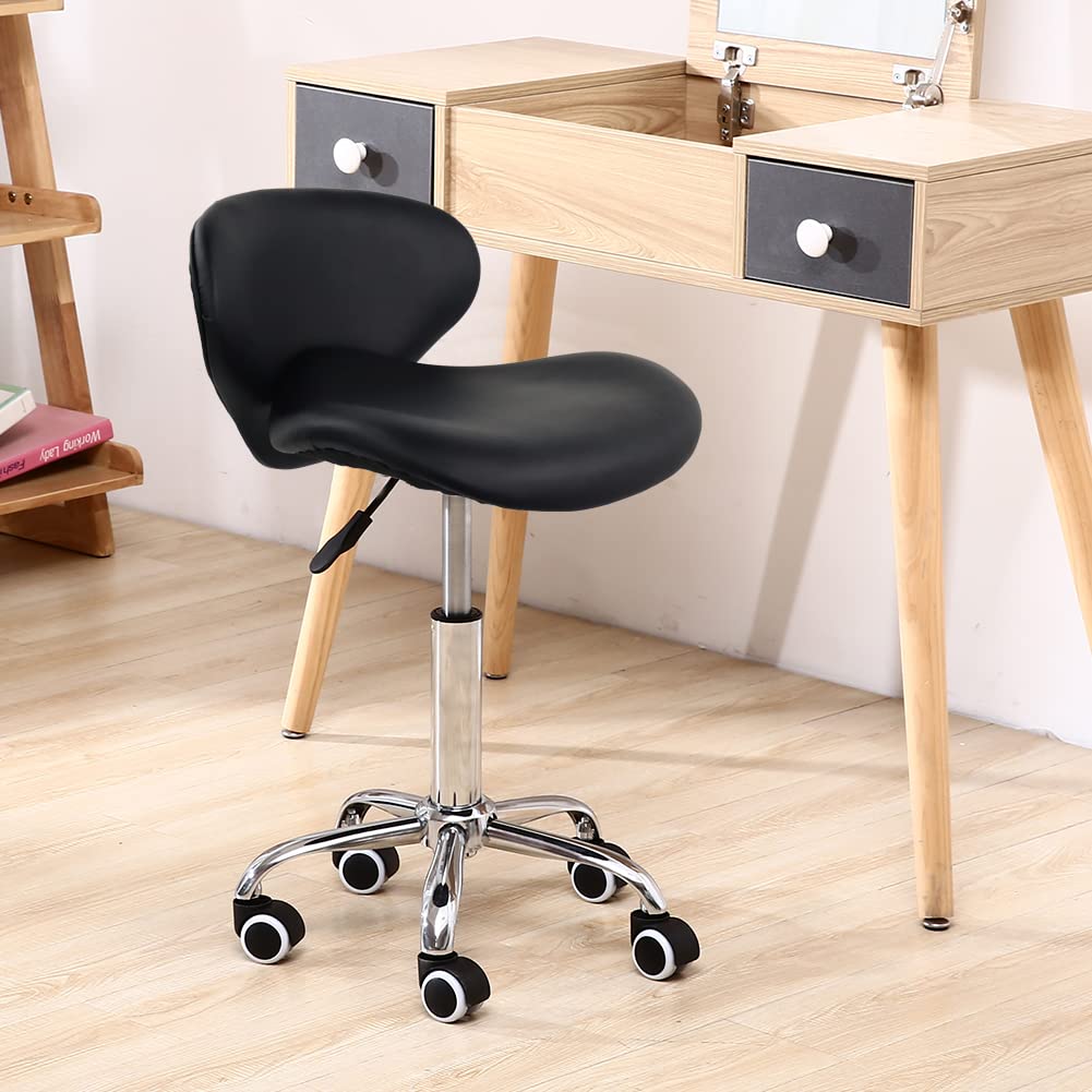 KKTONER PU Leather Low Back Rolling Stool Height Adjustable Modern Shell Shape Seat Home Office Drafting Chair with Wheels (Black)