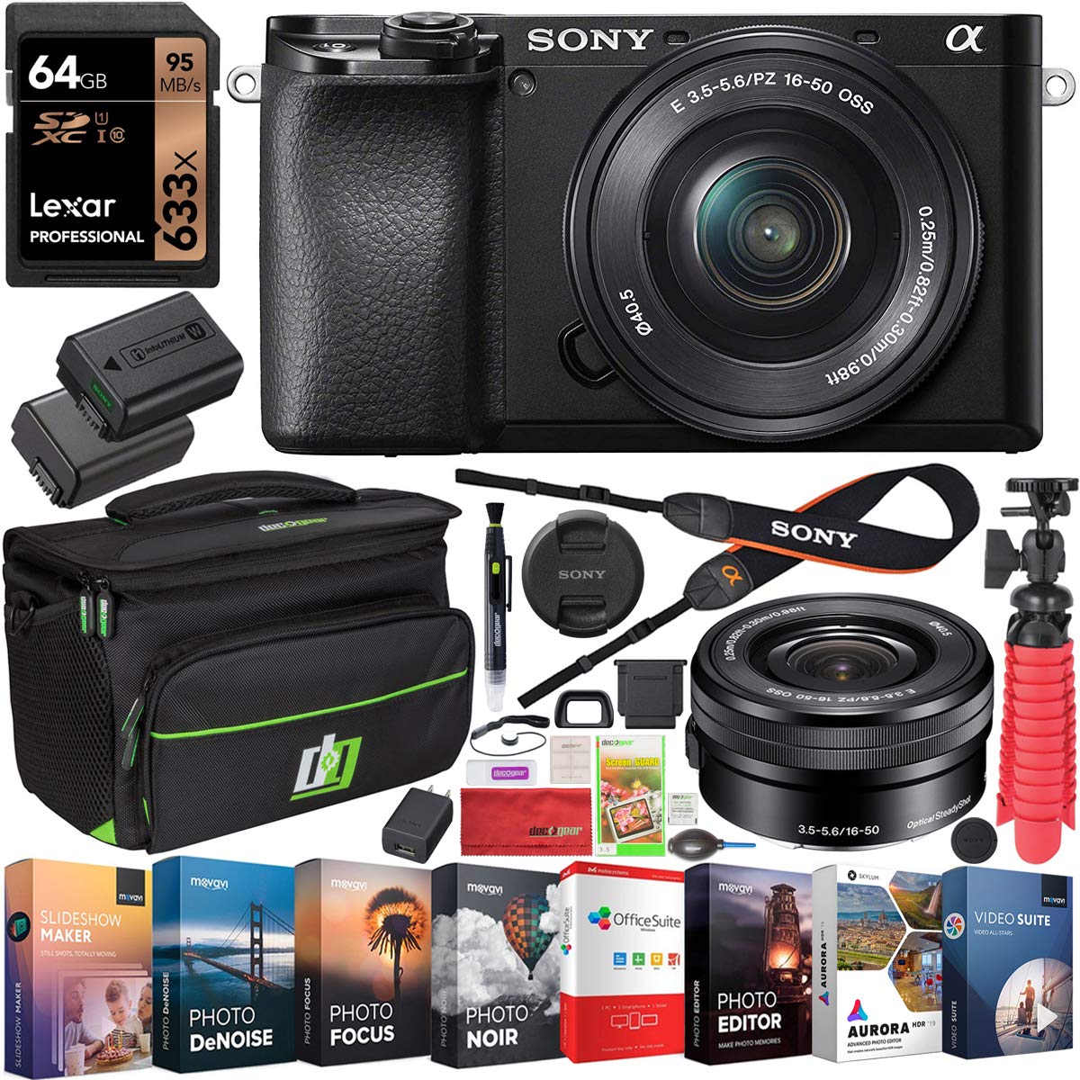 Sony a6100 Mirrorless Camera 4K APS-C ILCE-6100LB with 16-50mm F3.5-5.6 OSS Lens Bundle with 2X Battery + Deco Gear Travel Bag Case + 64GB Memory Card + Photo Video Software Kit + Accessories