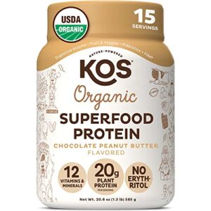 kos organic plant based protein powder, chocolate peanut butter - delicious vegan protein powder - keto friendly, gluten free, dairy free & soy free - 1.3 pounds, 15 servings