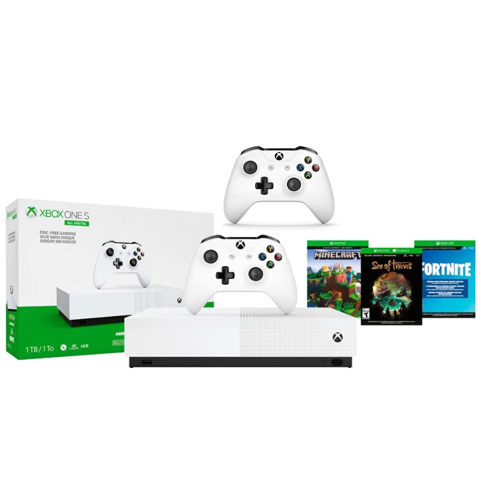 Xbox One S 1TB All-Digital Edition Two Controller Bundle, Xbox One S 1TB Disc-Free Console, 2 Wireless Controllers, Download Codes for Minecraft, Sea of Thieves and Fortnite Battle Royale (Renewed)