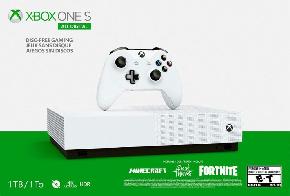 Xbox One S 1TB All-Digital Edition Two Controller Bundle, Xbox One S 1TB Disc-Free Console, 2 Wireless Controllers, Download Codes for Minecraft, Sea of Thieves and Fortnite Battle Royale (Renewed)