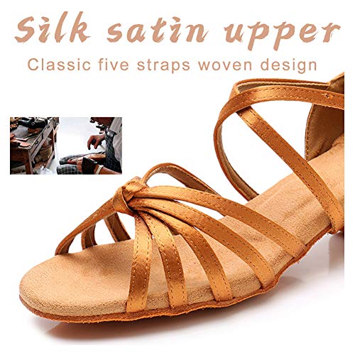 HIPPOSEUS Girls Latin Dance Shoes Silk Satin Tan Low Heel 1.75" heel Women Ballroom Salsa Dance Practice Performance Dancing Shoes,9 M US Toddler