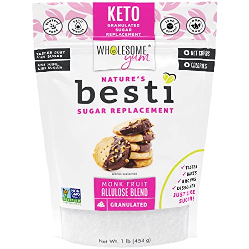 Wholesome Yum Besti Natural Sugar Substitute - Granulated Monk Fruit Sweetener Blend With Allulose (No Erythritol) - Keto, Non GMO, Zero Calorie, Zero Carb, Sugar Free, No Aftertaste (1 lb)