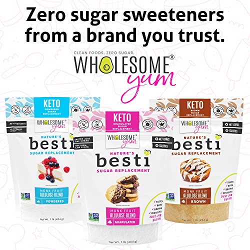 Wholesome Yum Besti Natural Sugar Substitute - Granulated Monk Fruit Sweetener Blend With Allulose (No Erythritol) - Keto, Non GMO, Zero Calorie, Zero Carb, Sugar Free, No Aftertaste (1 lb)