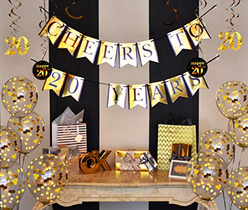 20th Birthday and Anniversary Decorations Party Pack - Cheers to 20 Years Banner, Balloons, Swirls and Confetti Party Supplies