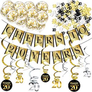 20th birthday and anniversary decorations party pack - cheers to 20 years banner, balloons, swirls and confetti party supplies