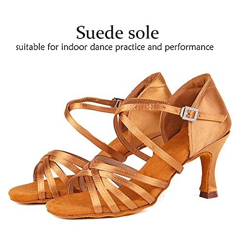 DKZSYIM Women's Satin Latin Dance Shoes Professional Ballroom Salsa Practice Performance Dancing Shoes,213-ZS-Brown-7.5,US 9