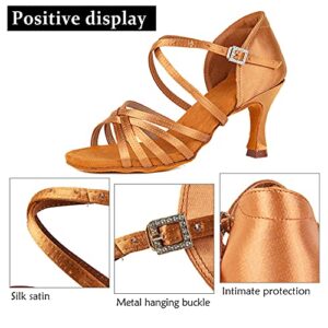 DKZSYIM Women's Satin Latin Dance Shoes Professional Ballroom Salsa Practice Performance Dancing Shoes,213-ZS-Brown-7.5,US 9