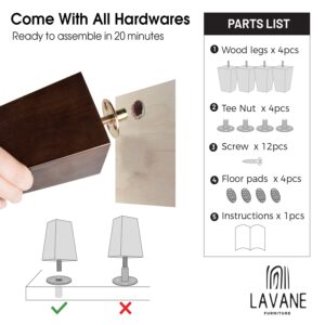 La Vane 6 inch Wooden Furniture Legs, Set of 4 Solid Wood Square Walnut Mid-Century Modern M8 Replacement Bun Feet with Pre-Drilled 5/16 Inch Bolt & Mounting Plate & Screws for Couch Sofa Armchair