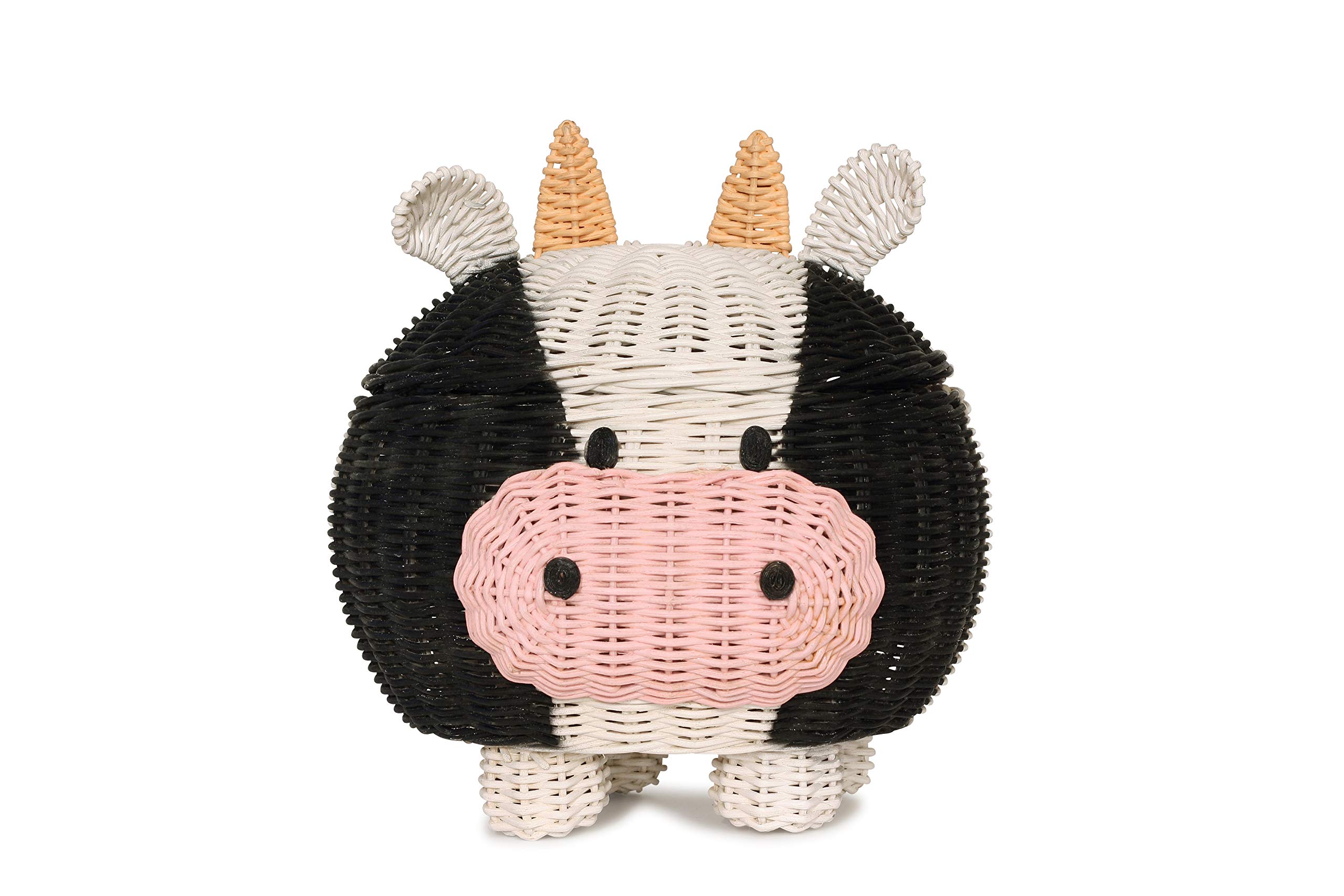 G6 COLLECTION Cow Rattan Storage Basket With Lid Decorative Bin Home Decor Hand Woven Shelf Organizer Cute Handmade Handcrafted Nursery Gift Animal Decoration Artwork Wicker Cow