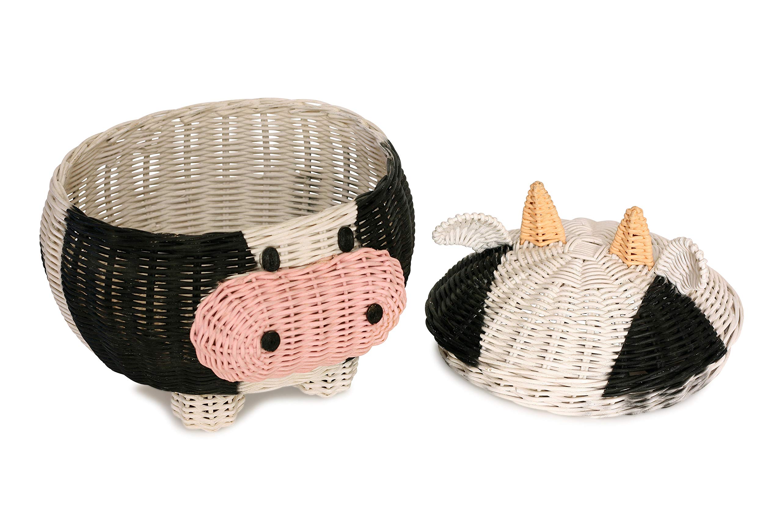 G6 COLLECTION Cow Rattan Storage Basket With Lid Decorative Bin Home Decor Hand Woven Shelf Organizer Cute Handmade Handcrafted Nursery Gift Animal Decoration Artwork Wicker Cow