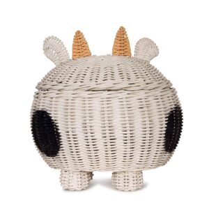 G6 COLLECTION Cow Rattan Storage Basket With Lid Decorative Bin Home Decor Hand Woven Shelf Organizer Cute Handmade Handcrafted Nursery Gift Animal Decoration Artwork Wicker Cow