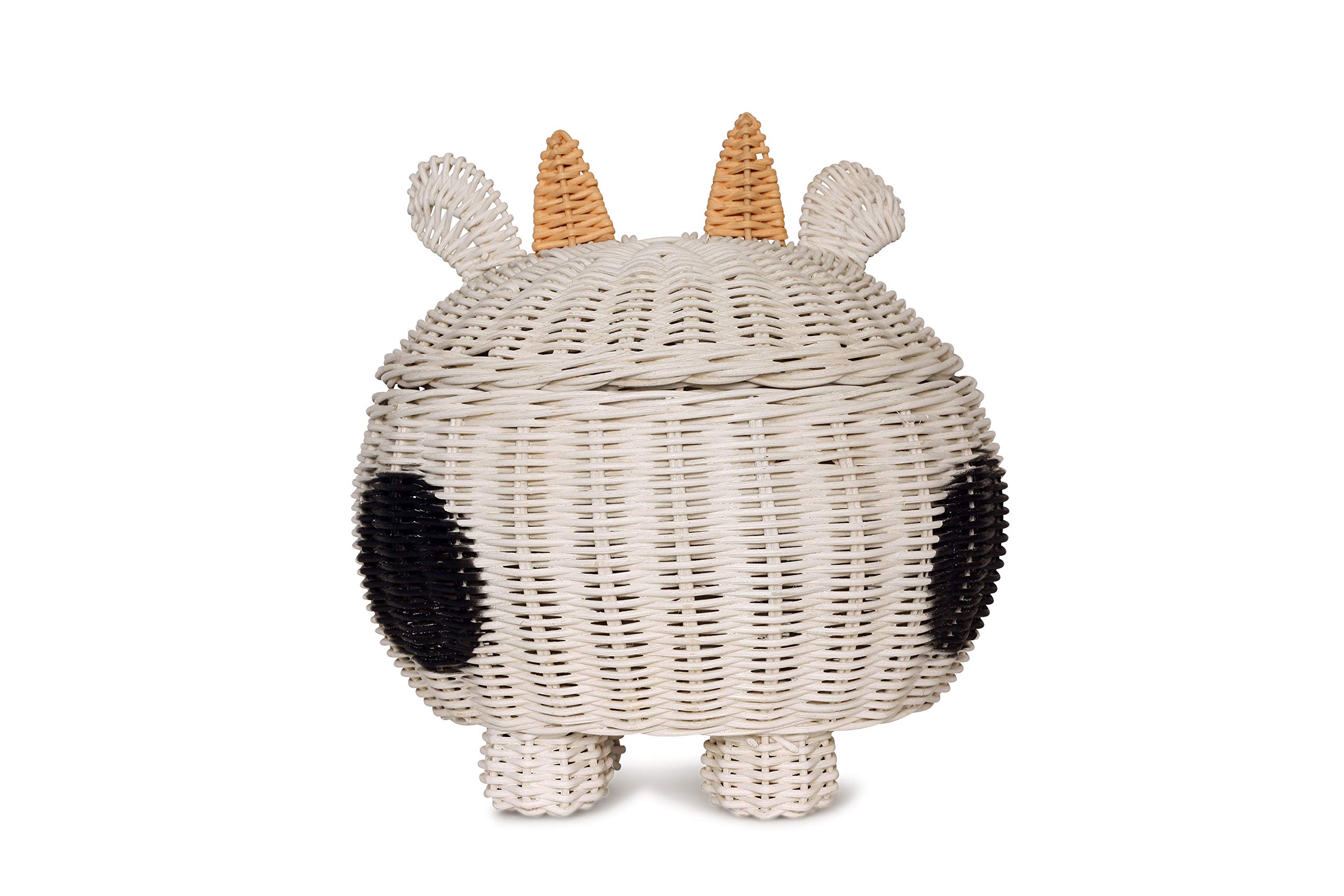 G6 COLLECTION Cow Rattan Storage Basket With Lid Decorative Bin Home Decor Hand Woven Shelf Organizer Cute Handmade Handcrafted Nursery Gift Animal Decoration Artwork Wicker Cow